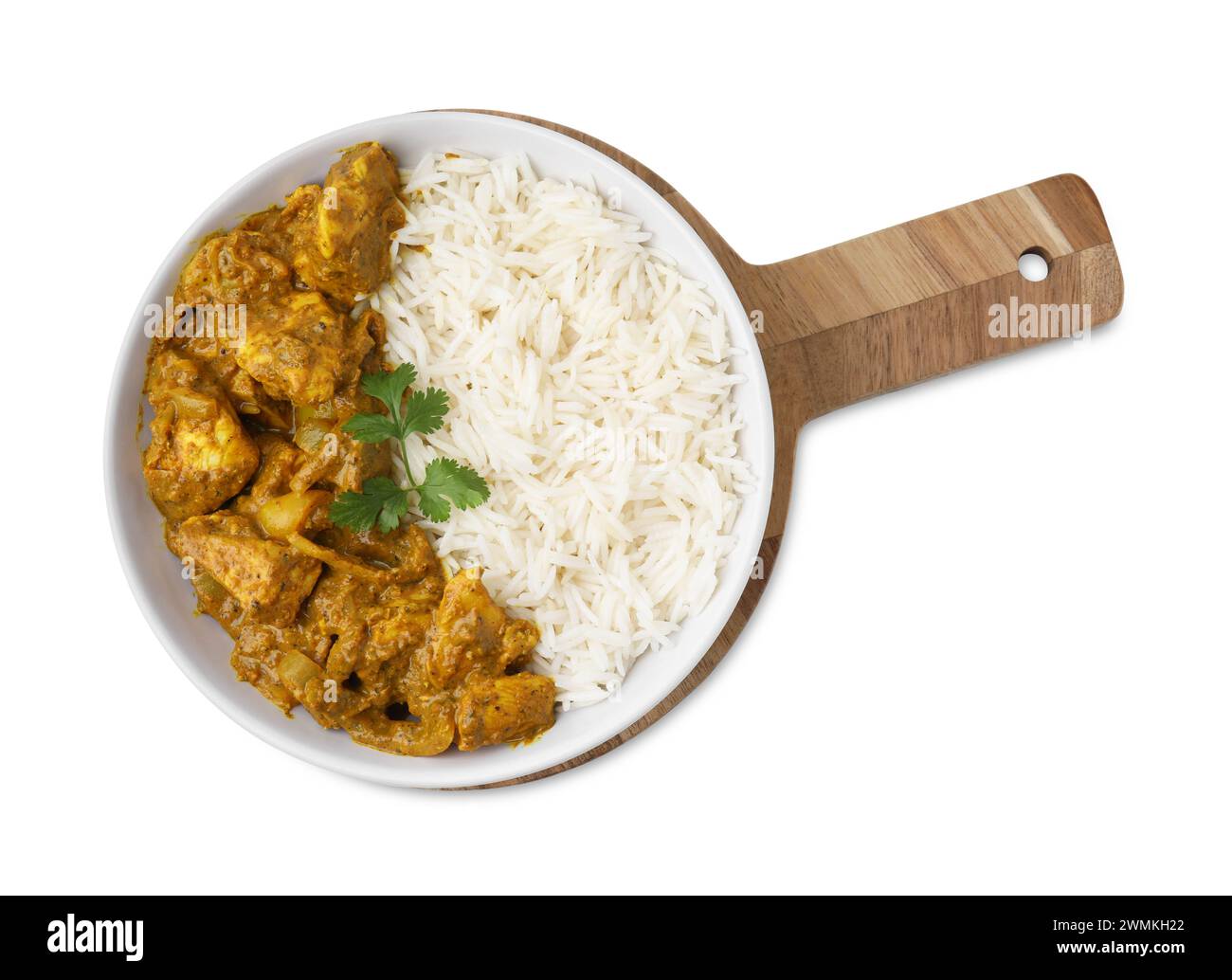 Delicious chicken curry with rice isolated on white, top view Stock ...
