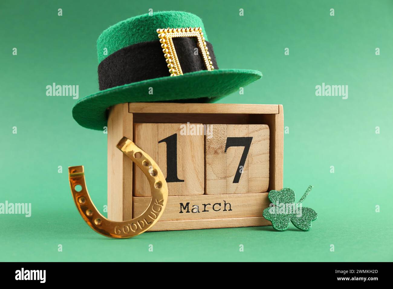 St. Patrick's day - 17th of March. Wooden block calendar, leprechaun ...