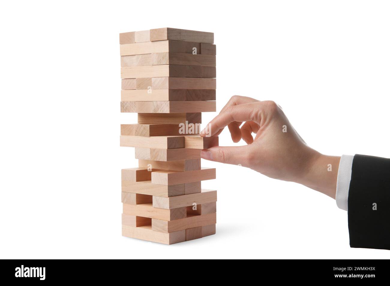 Woman playing Jenga on white background, closeup Stock Photo - Alamy