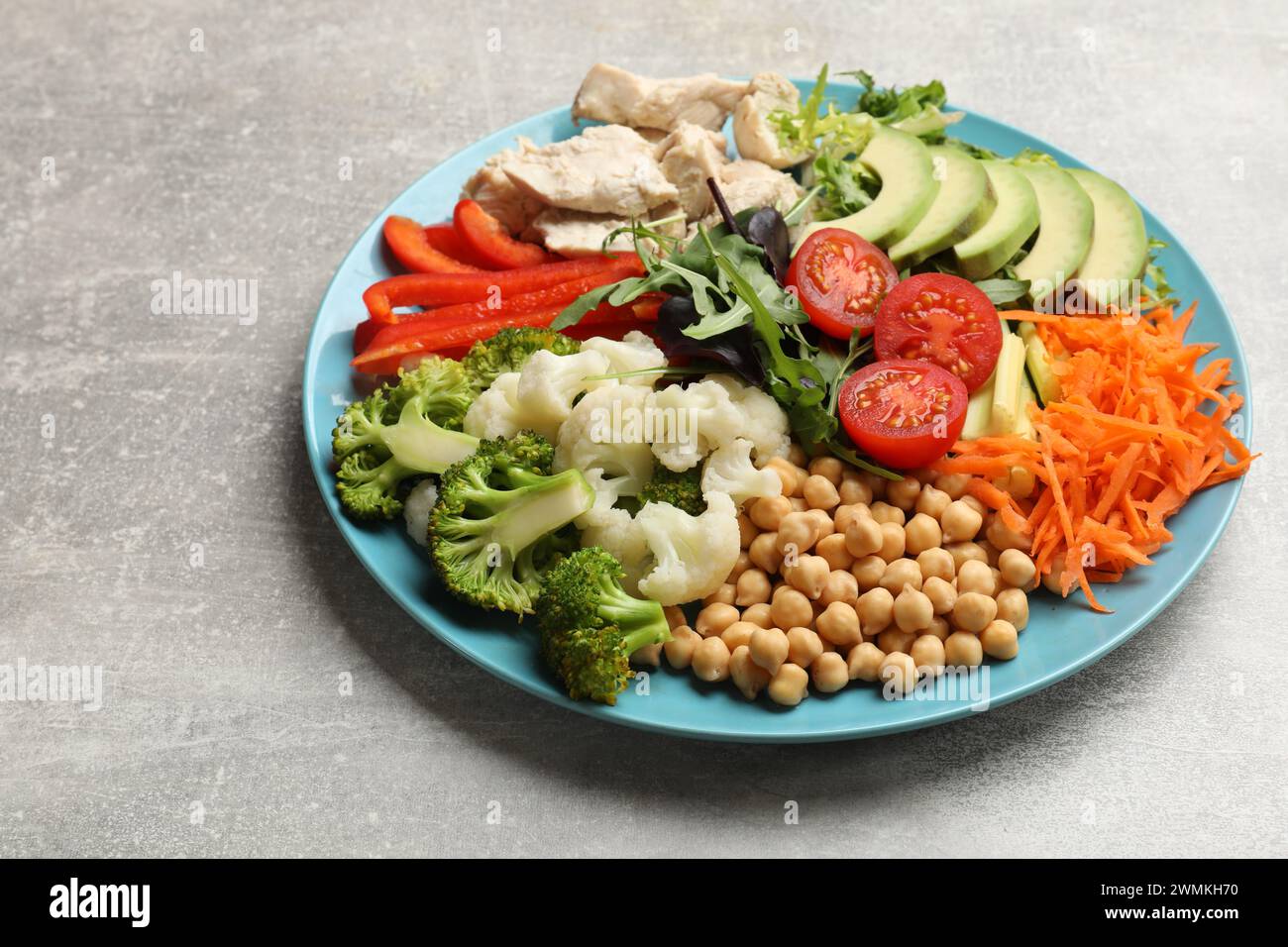 Balanced diet and healthy foods. Plate with different delicious ...