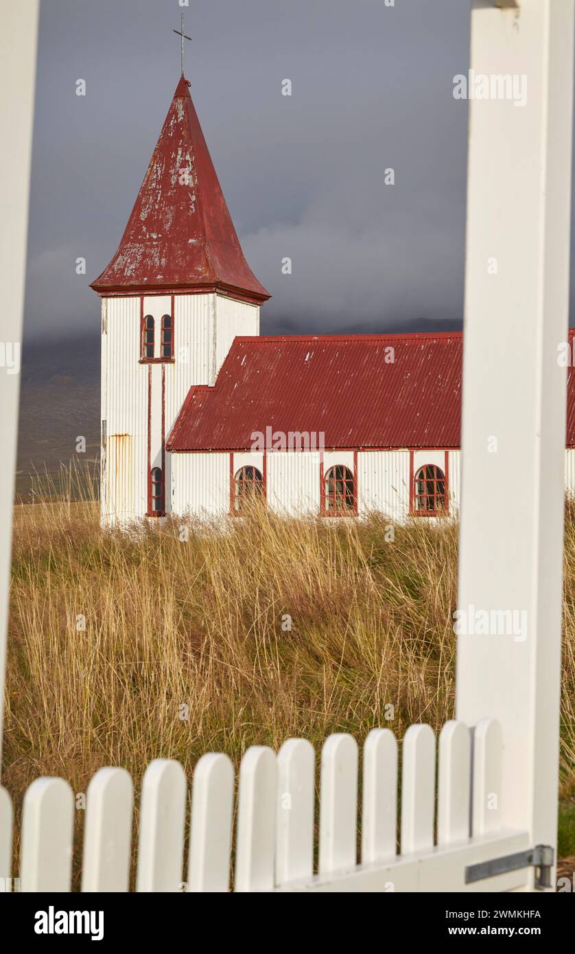 Church in the countryside of western Iceland at Hellnar, with grass ...