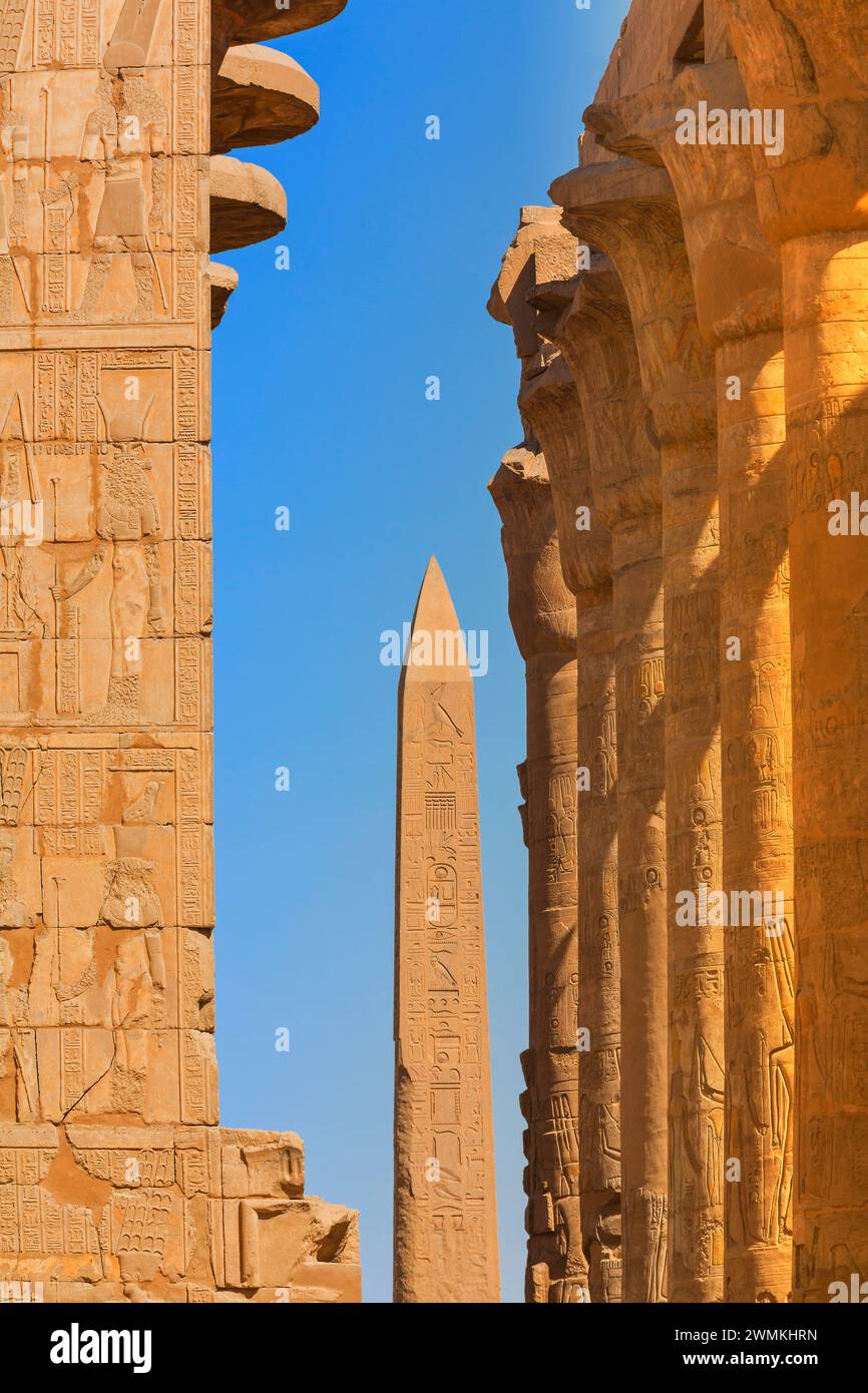 Ancient obelisk pillar inside the Karnak temple in Luxor, Egypt; Luxor ...
