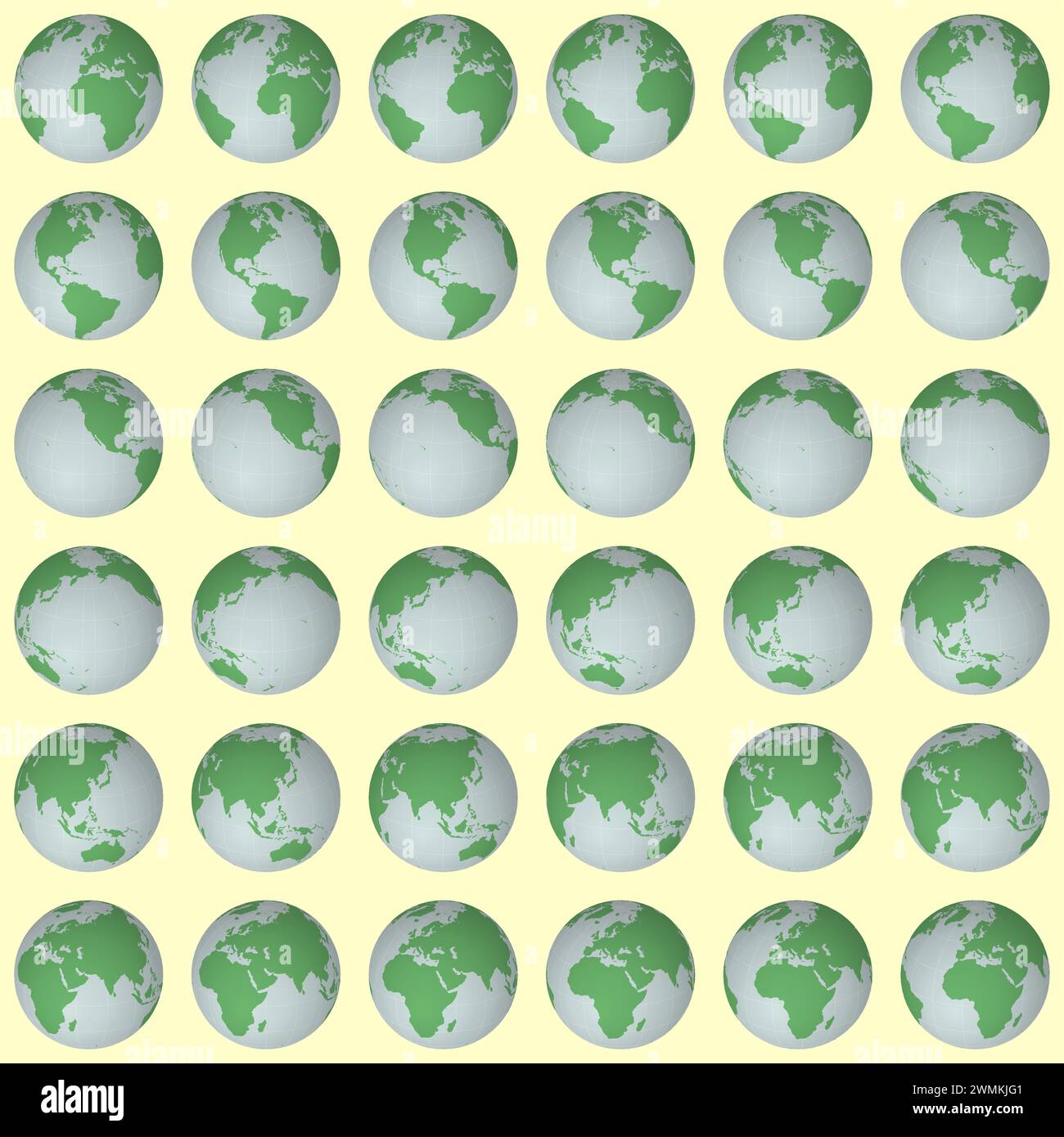 Collection of earth globes. Slanted sphere view. Rotation step 10 ...