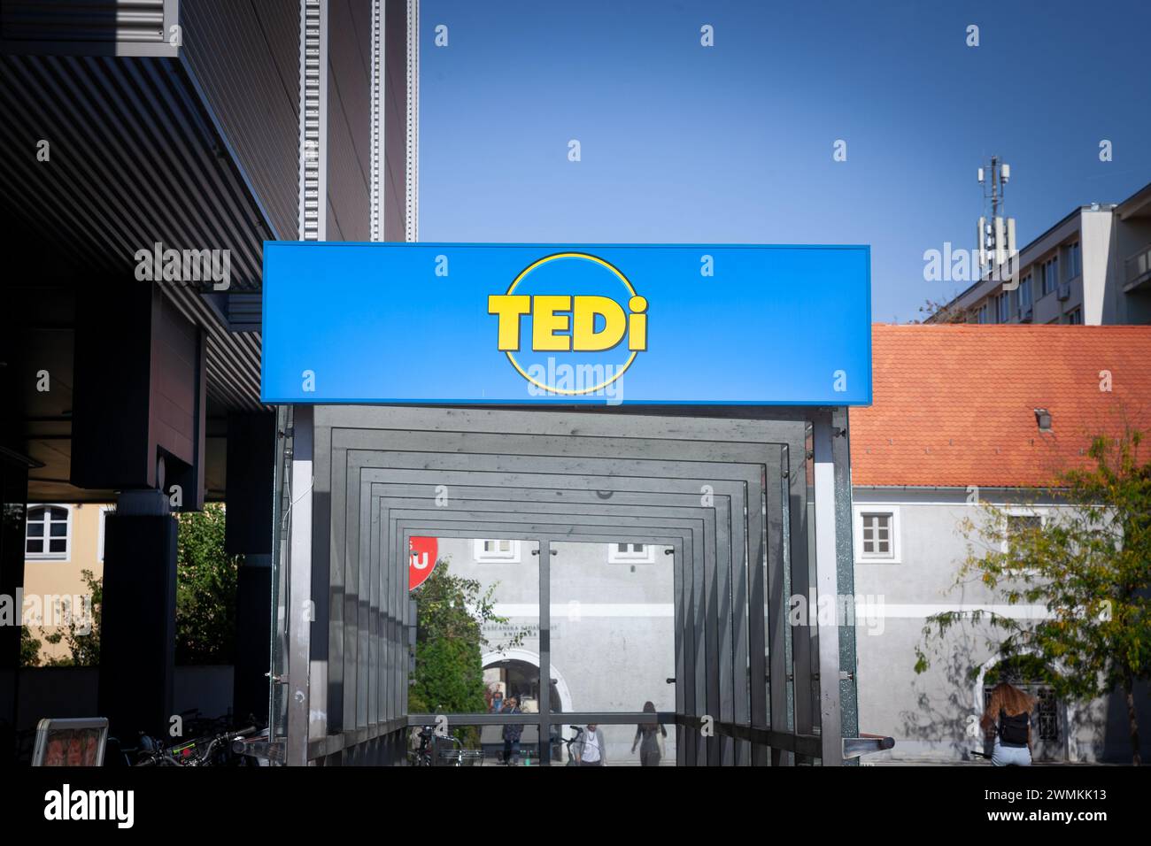 Picture of a sign with the logo of Tedi on their local store in Croatia. Tedi is a German non ...
