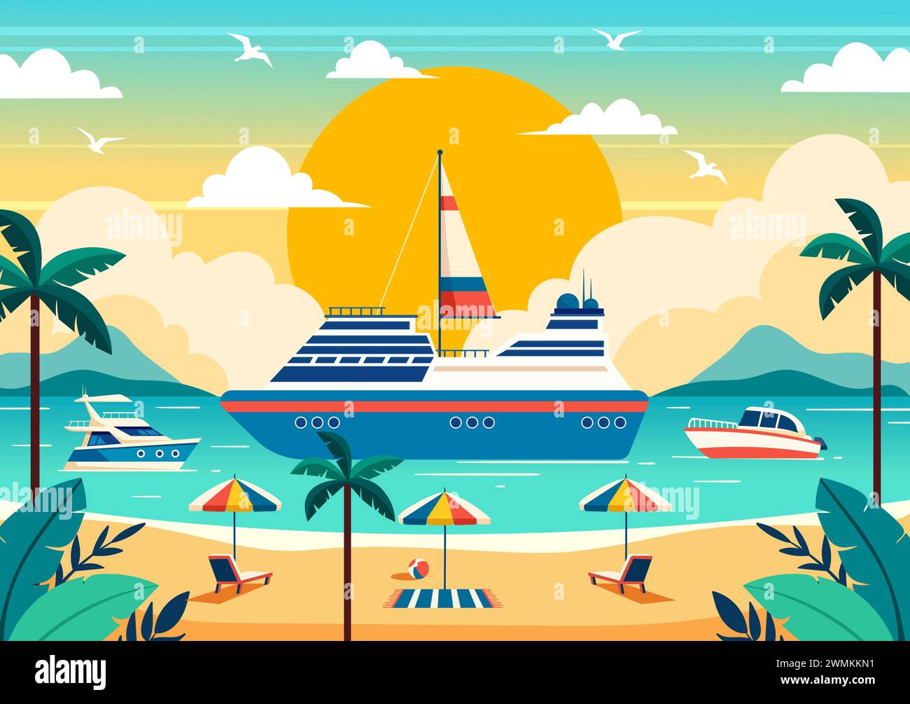 Yachts Vector Illustration with Ferries Cargo Boats and Ship Sailboat ...
