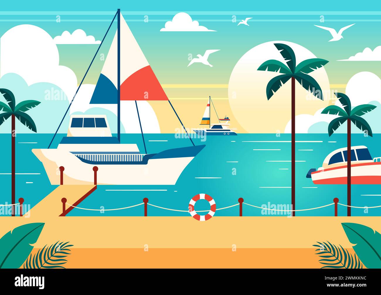 Yachts Vector Illustration with Ferries Cargo Boats and Ship Sailboat of Water Transport at the ...