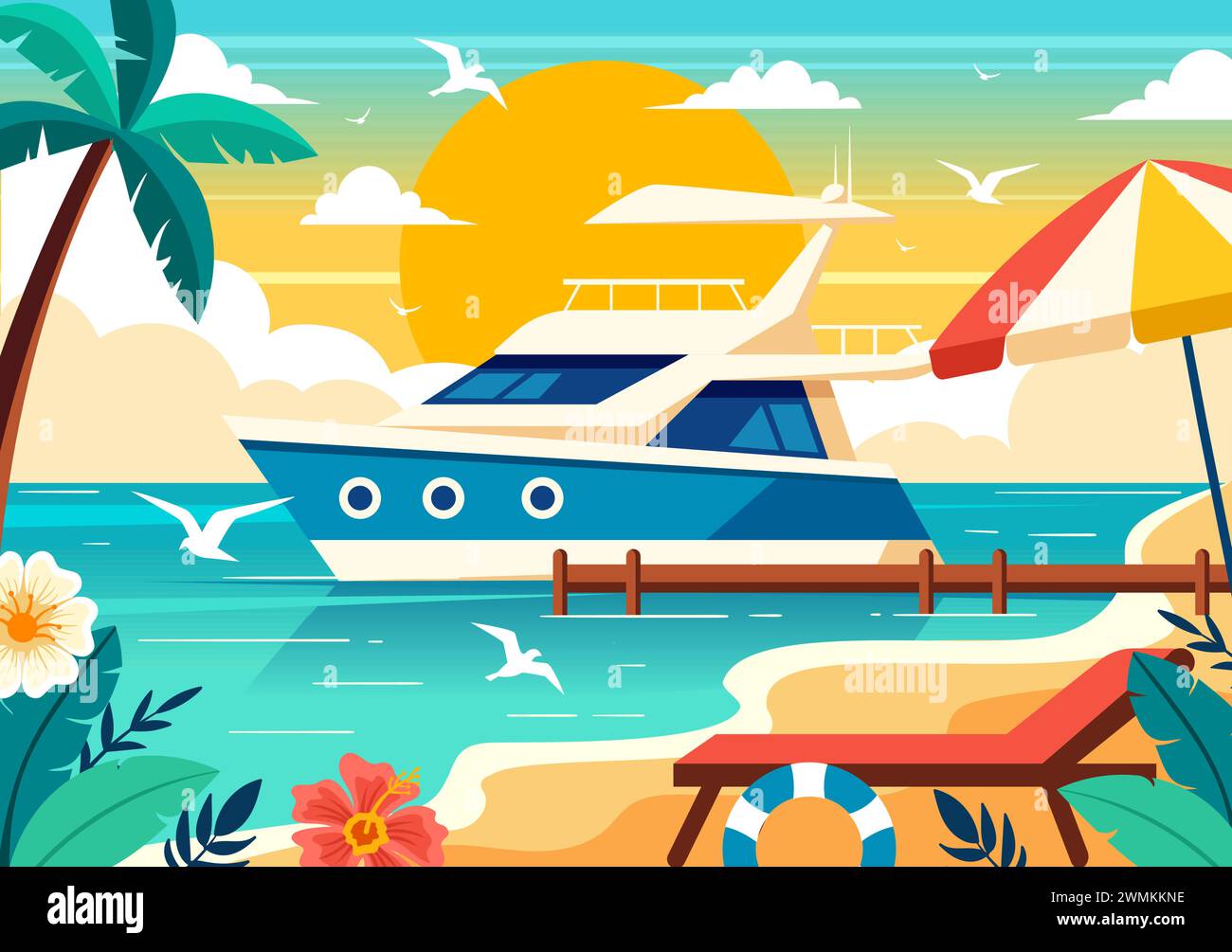 Yachts Vector Illustration with Ferries Cargo Boats and Ship Sailboat ...