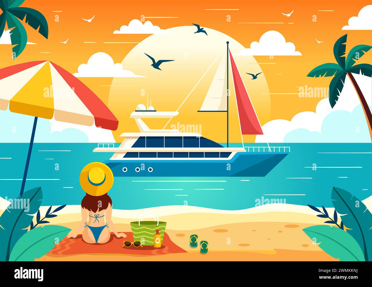 Yachts Vector Illustration with Ferries Cargo Boats and Ship Sailboat ...