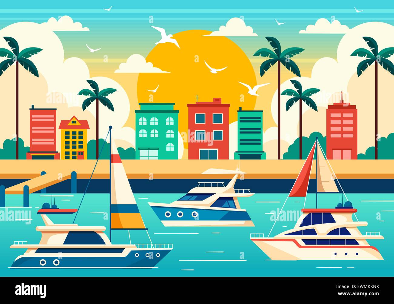 Yachts Vector Illustration with Ferries Cargo Boats and Ship Sailboat ...