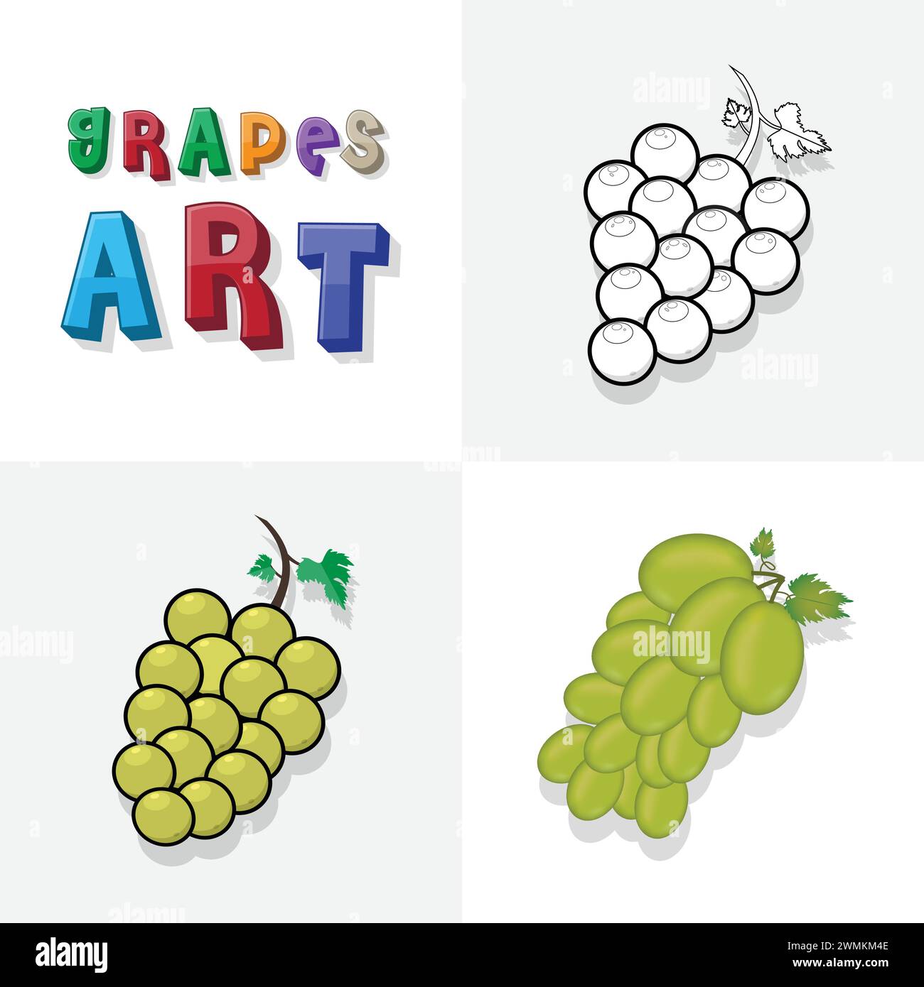 Grapes art sketch, colouring page, flat and realistic grapes fruit ...