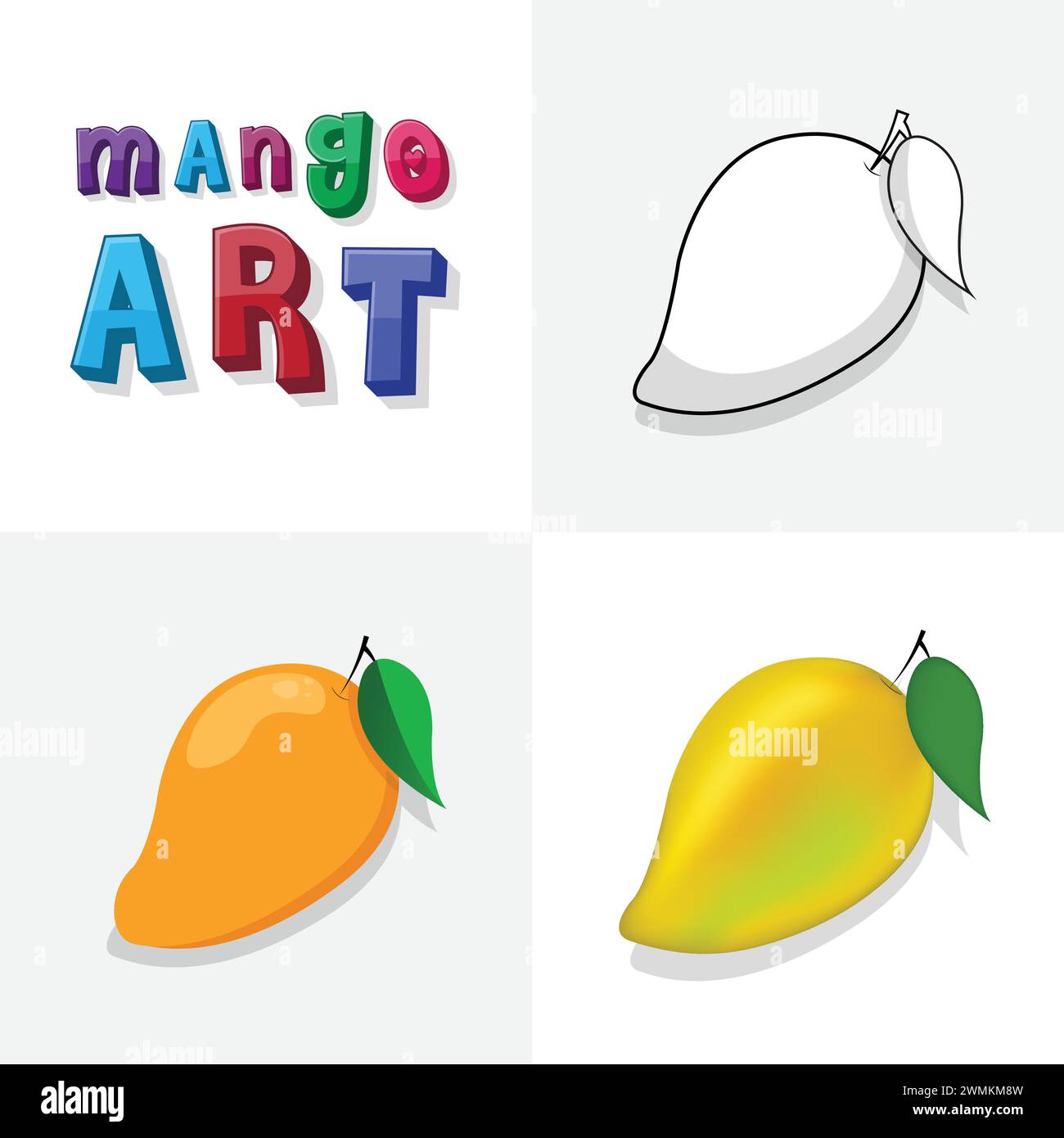 Mango art sketch, colouring page, flat and realistic mango fruit ...
