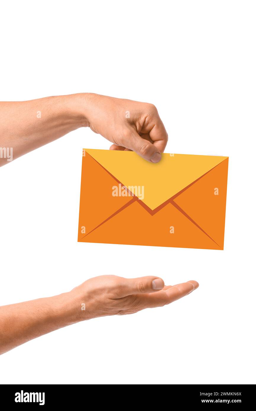 Male hands with drawn envelope on white background Stock Photo - Alamy
