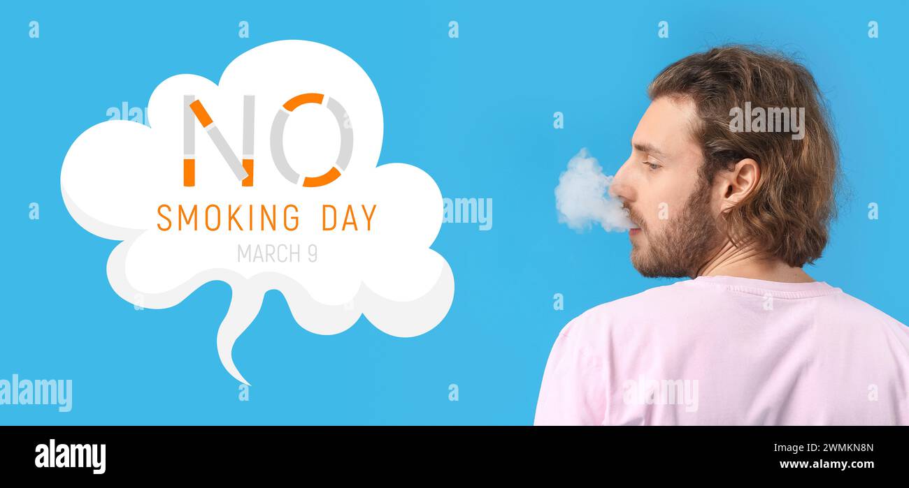 Smoking young man on blue background. Banner for No Smoking Day Stock ...
