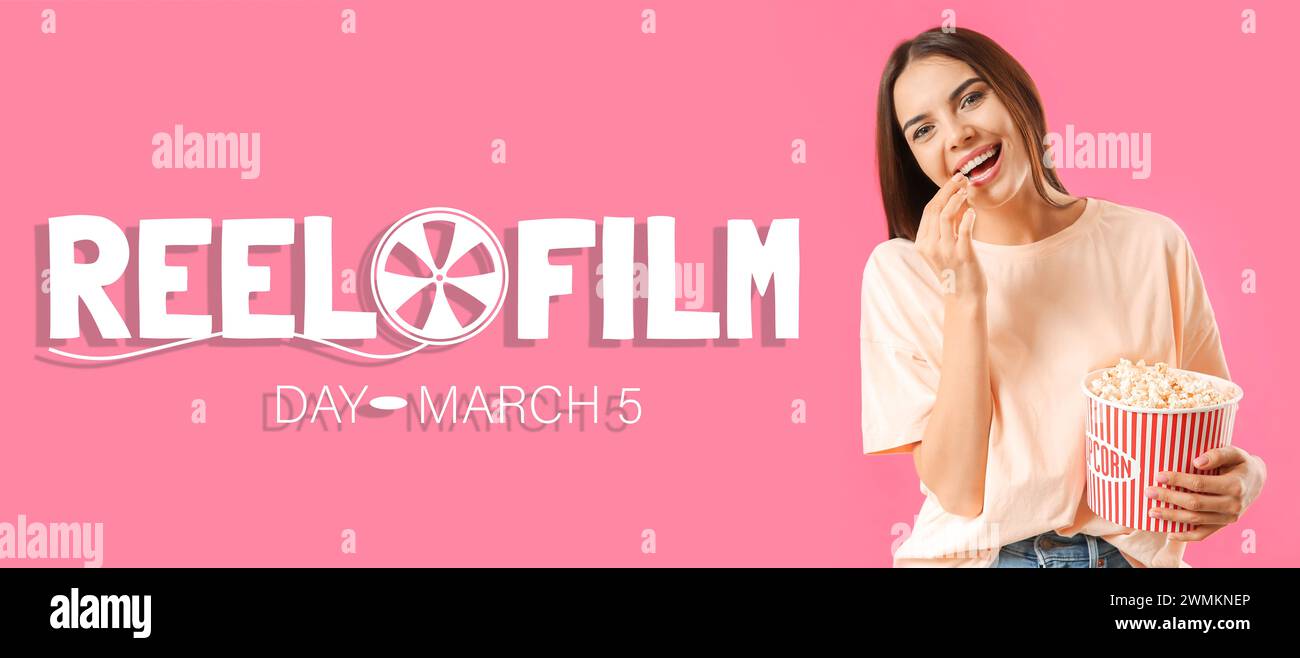 Banner for Reel Film Day with young woman eating popcorn Stock Photo ...
