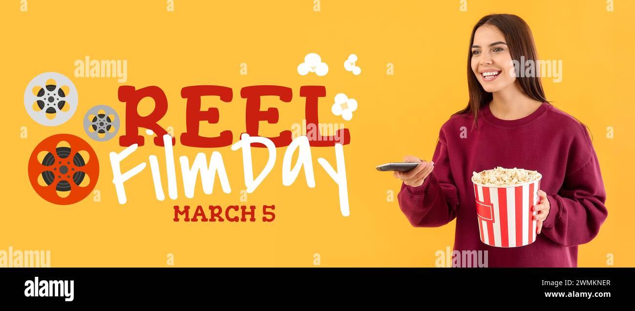 Banner for Reel Film Day with young woman with popcorn and remote ...