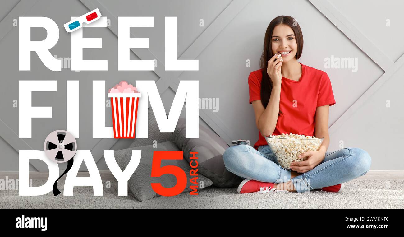 Banner for Reel Film Day with young woman eating popcorn Stock Photo ...