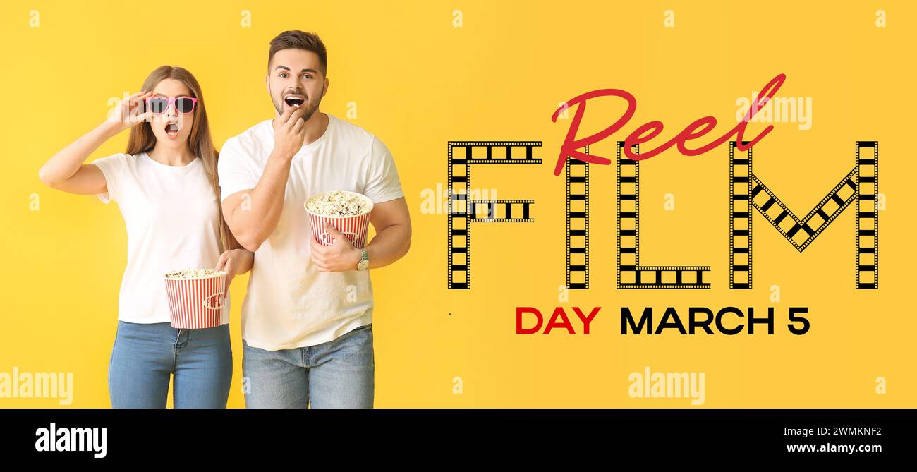 Banner for Reel Film Day with emotional young couple with popcorn ...