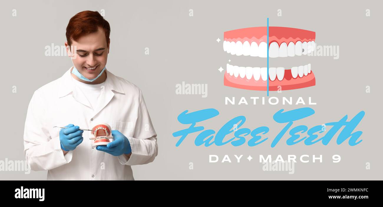Banner for National False Teeth Day with male dentist and jaw model ...