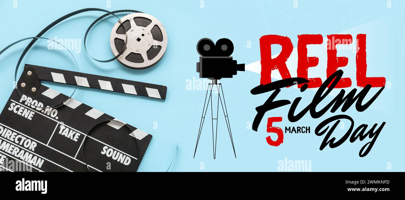 Banner for Reel Film Day with movie clapper and film reel Stock Photo ...