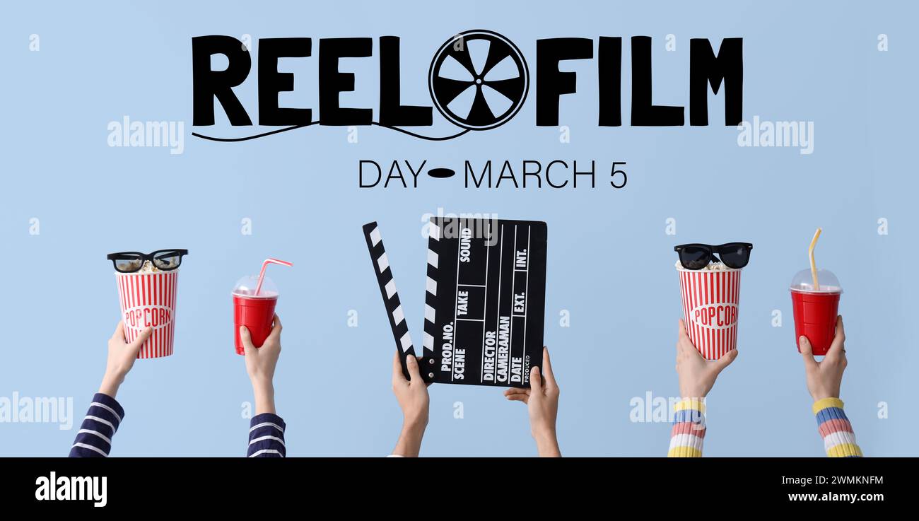 Banner for Reel Film Day with many hands holding movie clapper, buckets ...