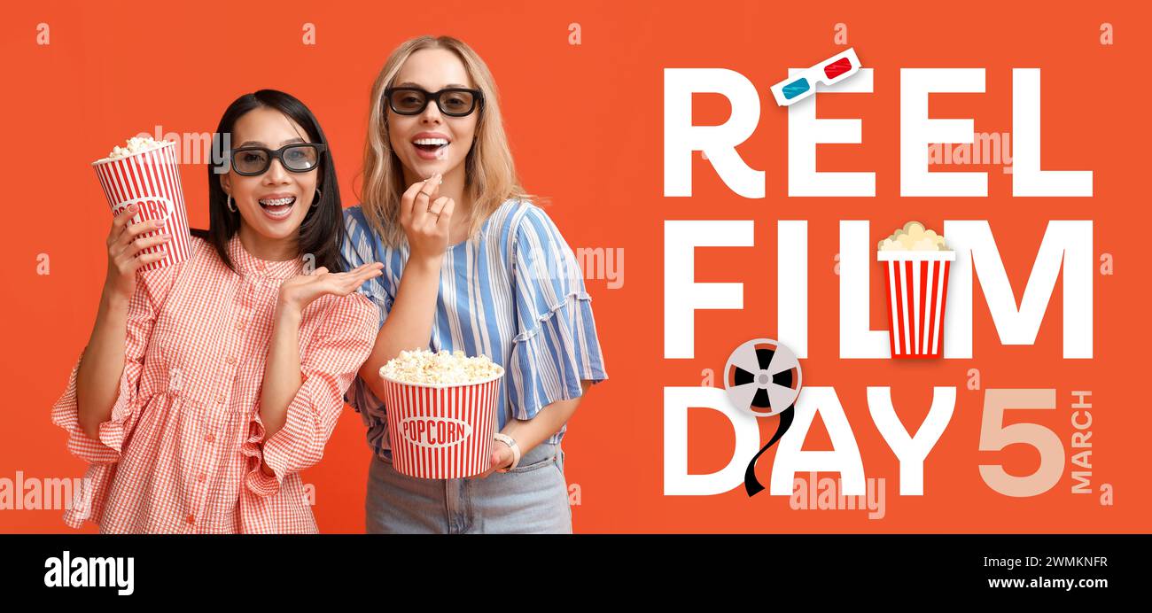 Banner for Reel Film Day with young women with buckets of popcorn Stock ...