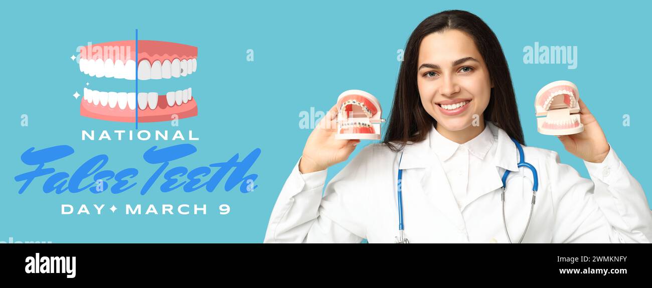 Banner for National False Teeth Day with female doctor and jaw models ...