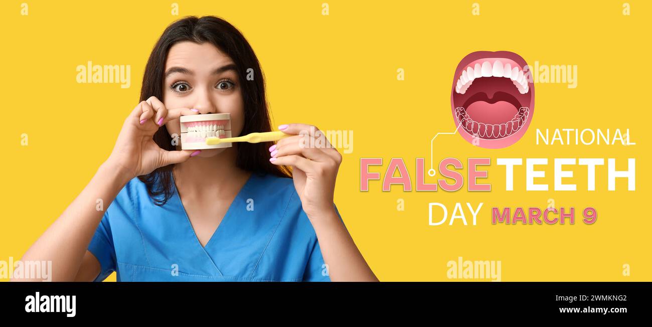 Banner for National False Teeth Day with female dentist with toothbrush ...
