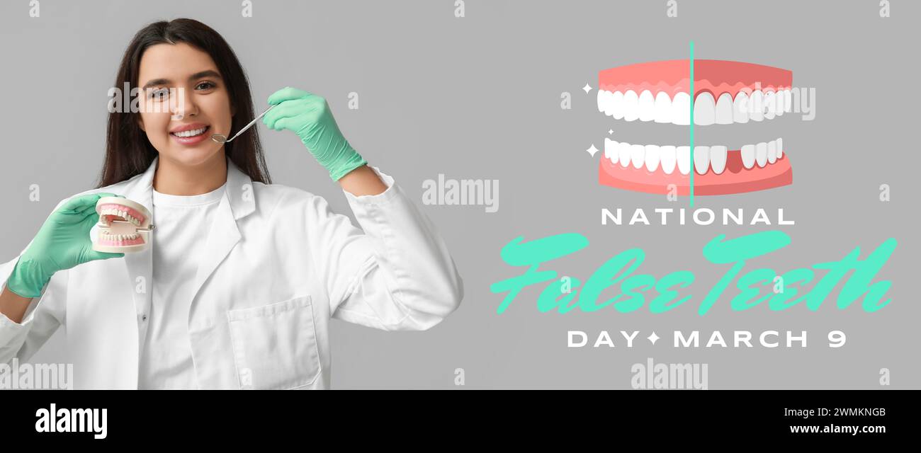 Banner for National False Teeth Day with female dentist and jaw model ...