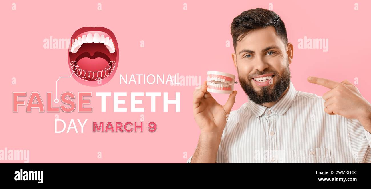 Banner for National False Teeth Day with man and model of jaw Stock ...