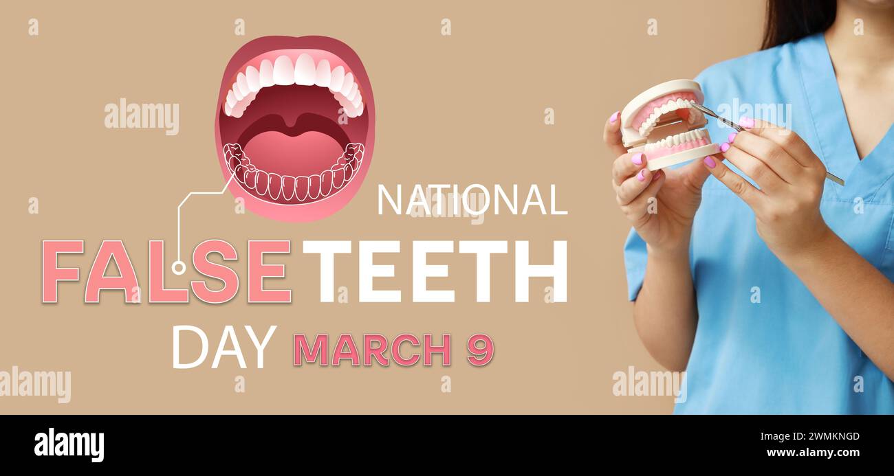 Banner for National False Teeth Day with female dentist and jaw model ...