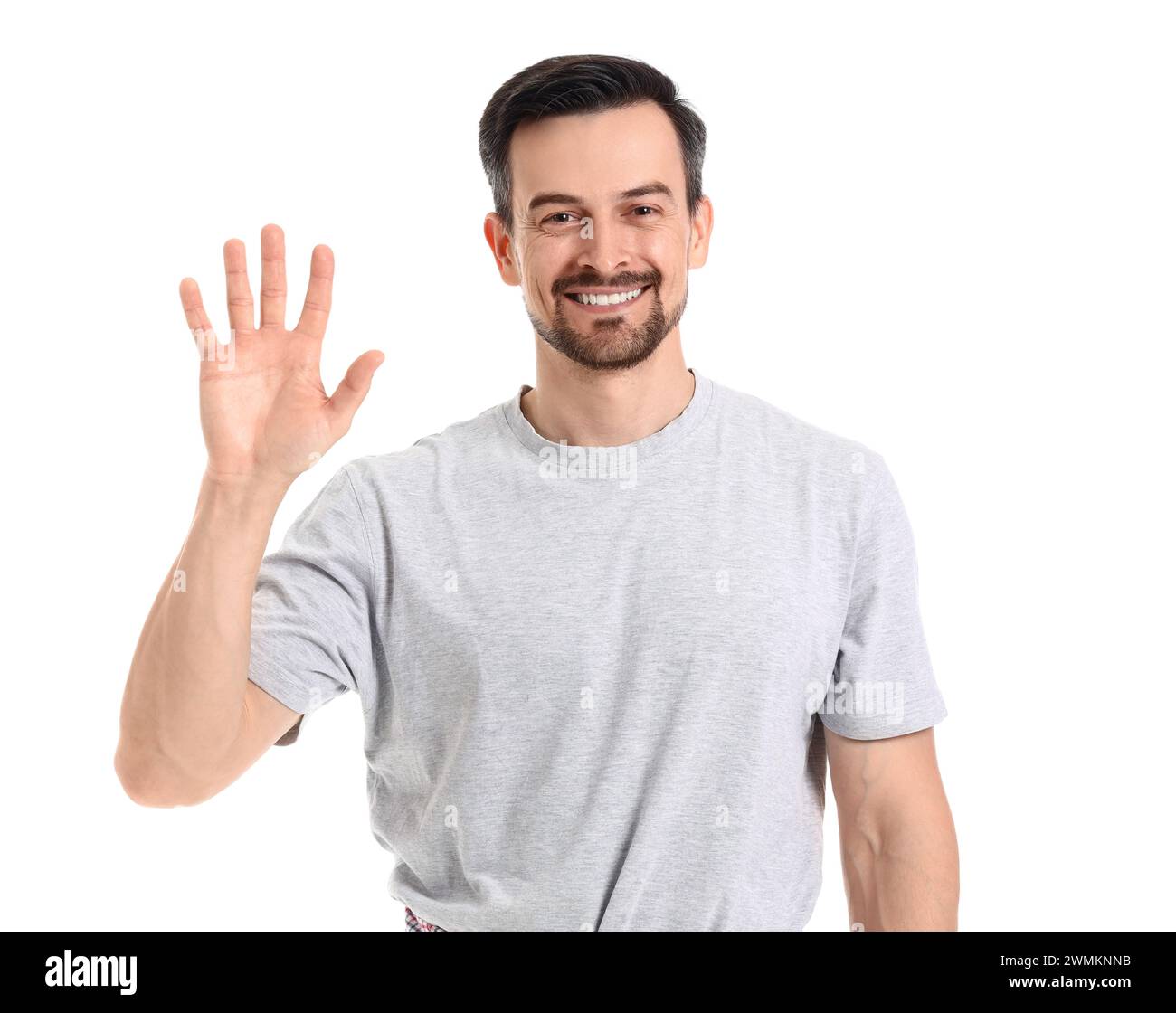 Handsome man showing five fingers on white background Stock Photo - Alamy