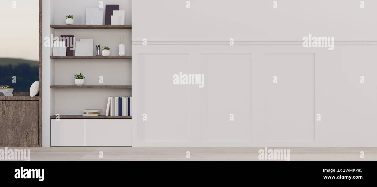 The interior design of a contemporary home corridor features shelves, a ...