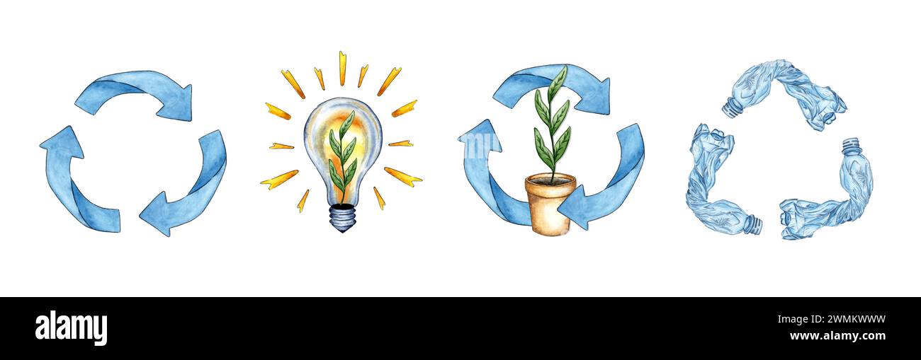 Set of watercolor illustrations of blue various garbage recycling signs ...