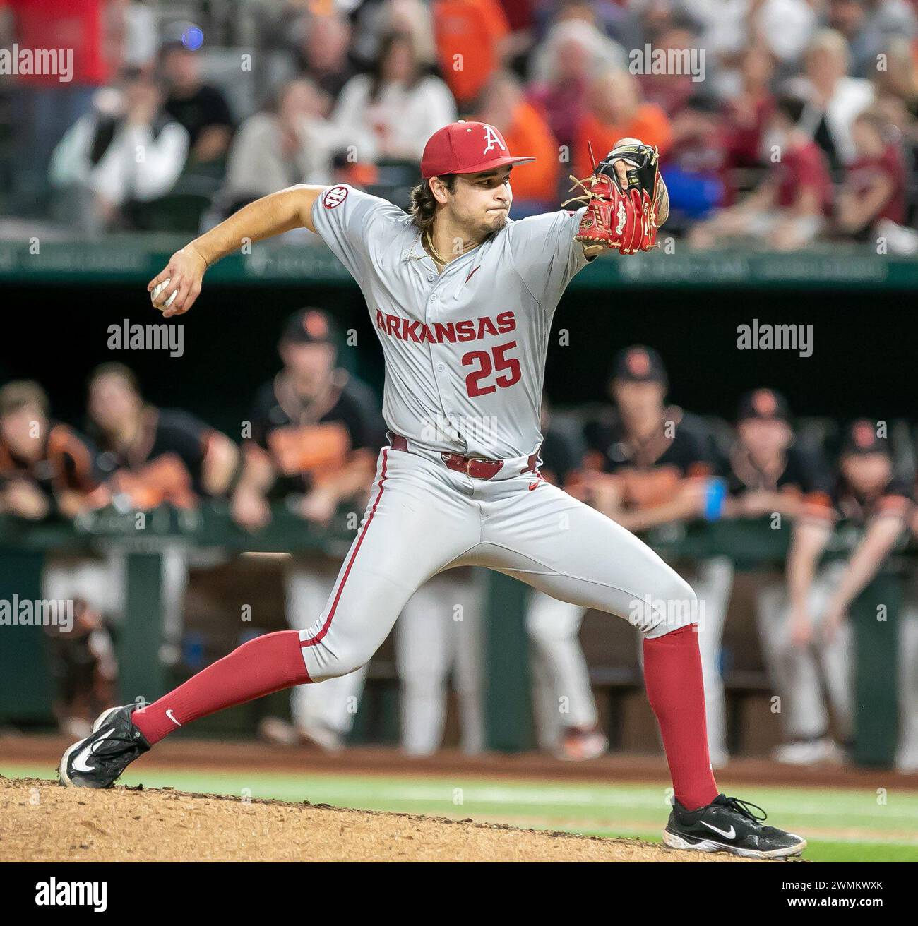 Cypress, Texas, USA. 24th Feb, 2024. Arkansas starting pitcher BRADY TYGART (25) throws a pitch ...