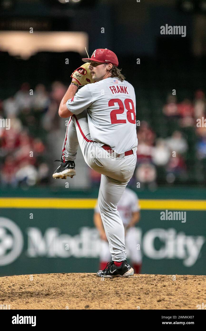 Cypress, Texas, USA. 24th Feb, 2024. Arkansas pitcher KOTY FRANK (28) throws a pitch during ...