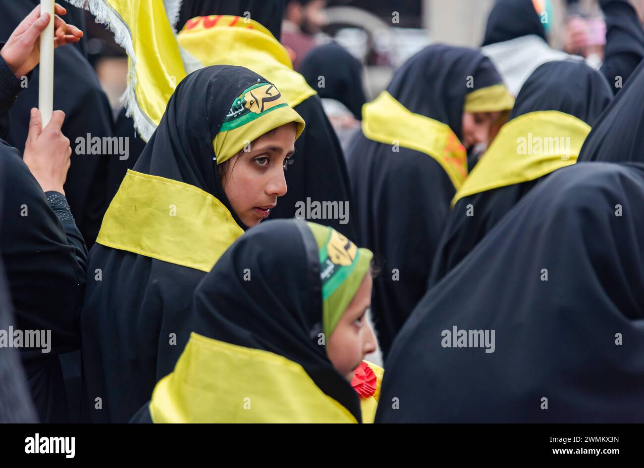 Budgam, India. 26th Feb, 2024. Kashmiri Shia Muslims walk while ...