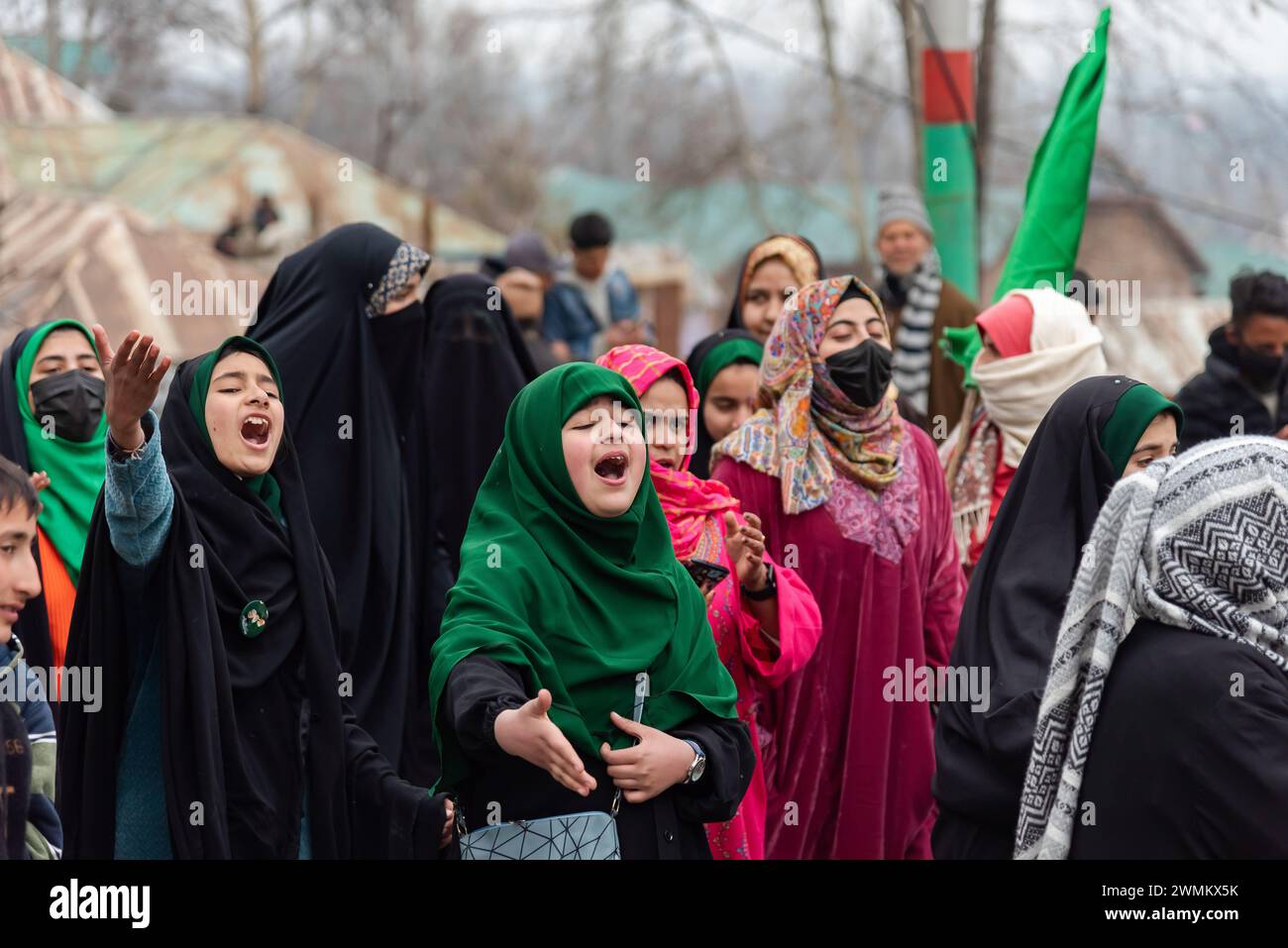 Budgam, India. 26th Feb, 2024. Kashmiri Shia Muslims shout religious ...