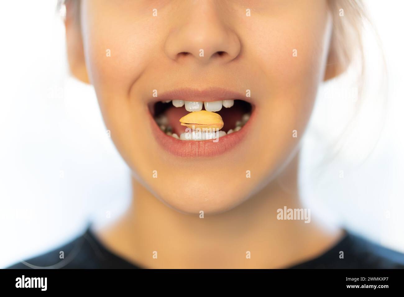 Eating hard nuts. strong white teeth bite a nut. An open mouth with a ...