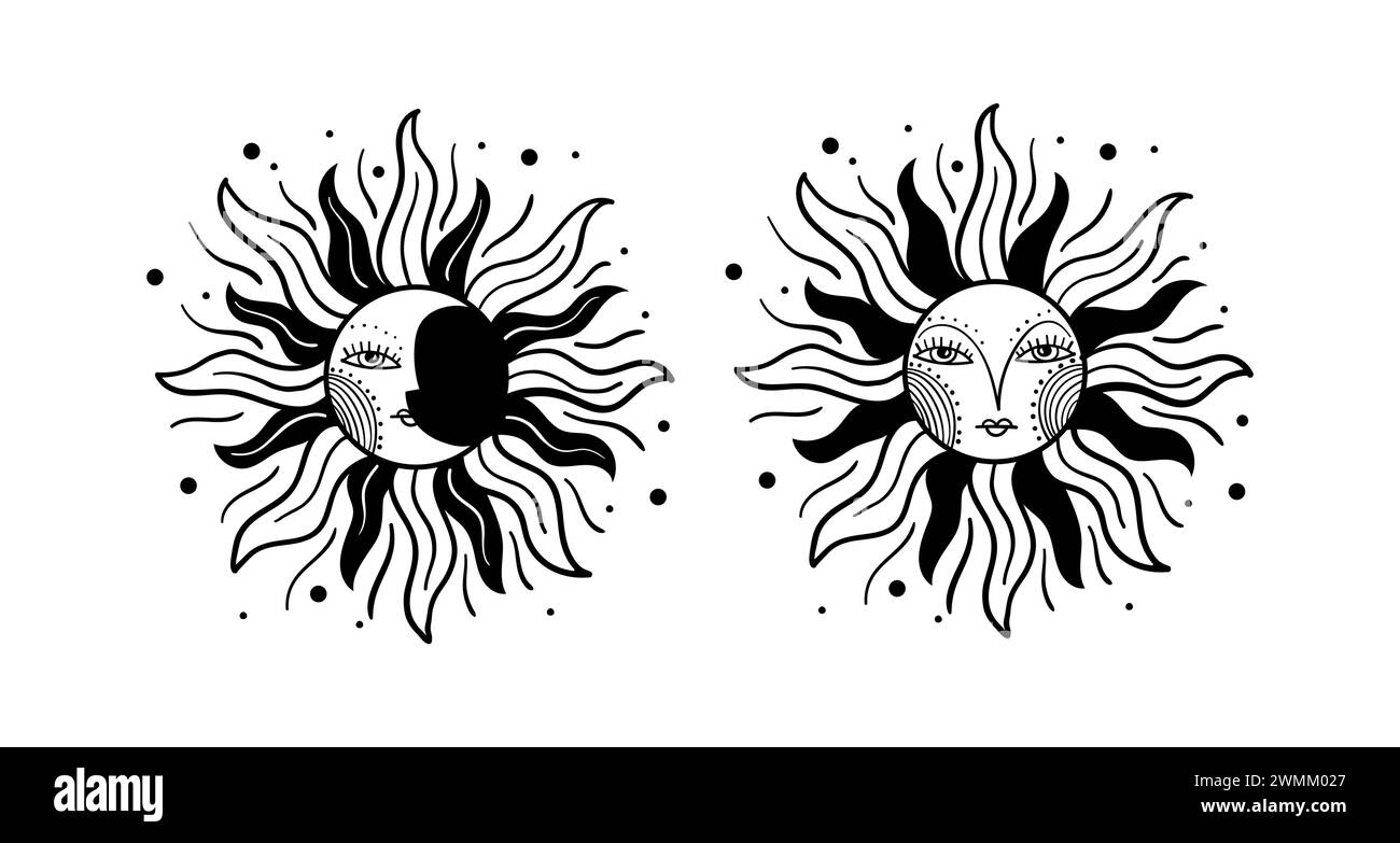 Vintage sun with face and moon, medieval engraving, hand drawing ...