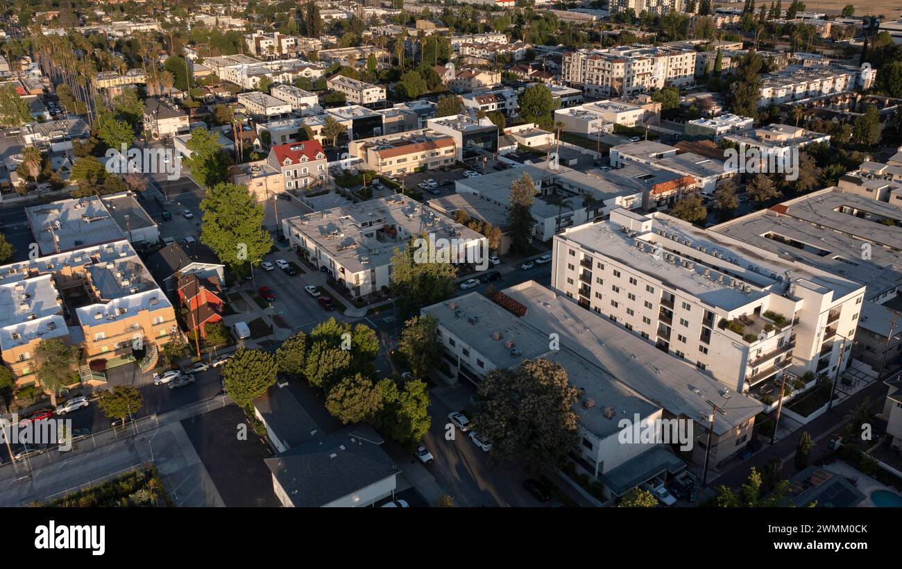 Sunset aerial view of dense housing in the San Fernando valley ...
