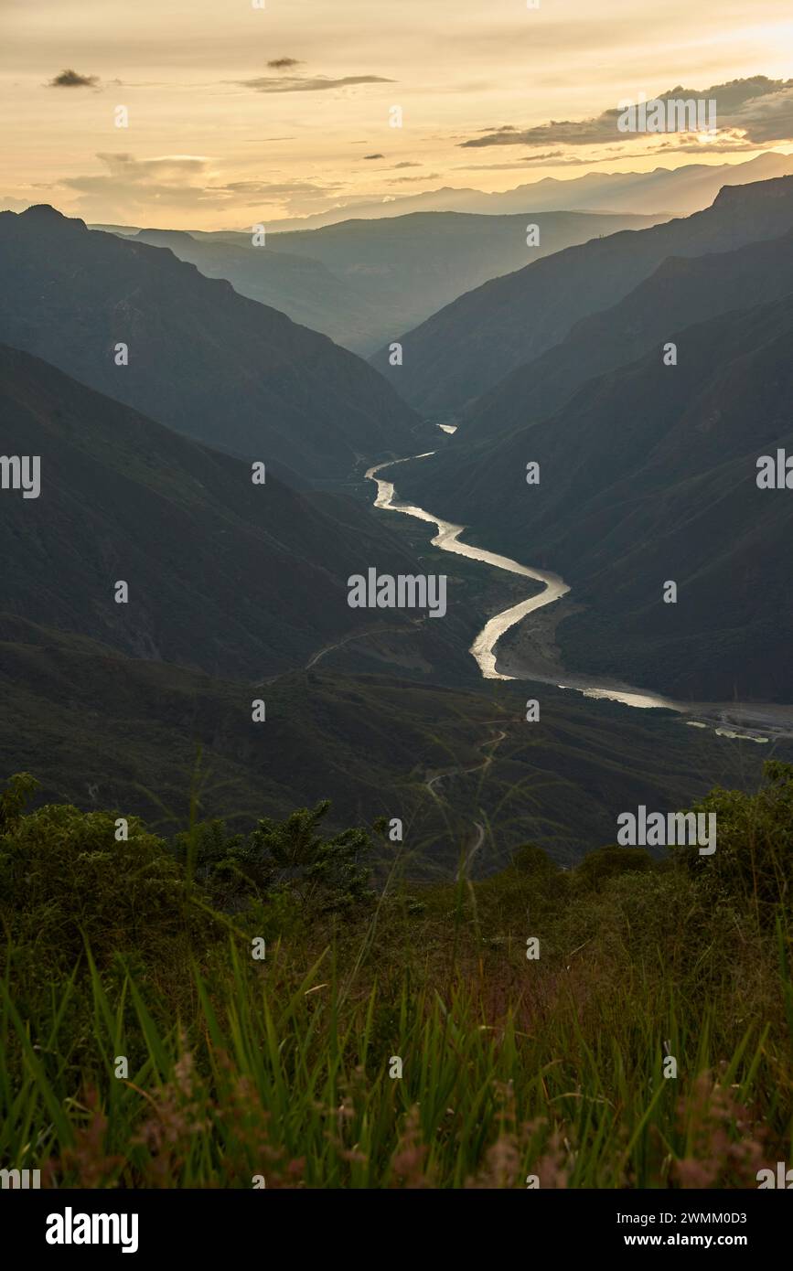 Chicamocha river flows through a large canyon, mountainous Andean ...