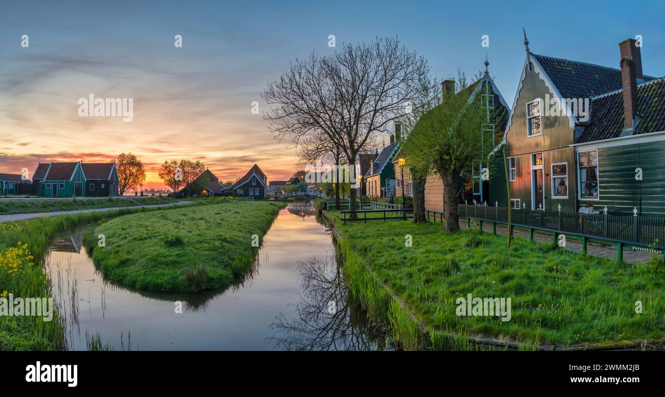 Dutch traditional house panorama sunrise at Zaanse Schans Village ...