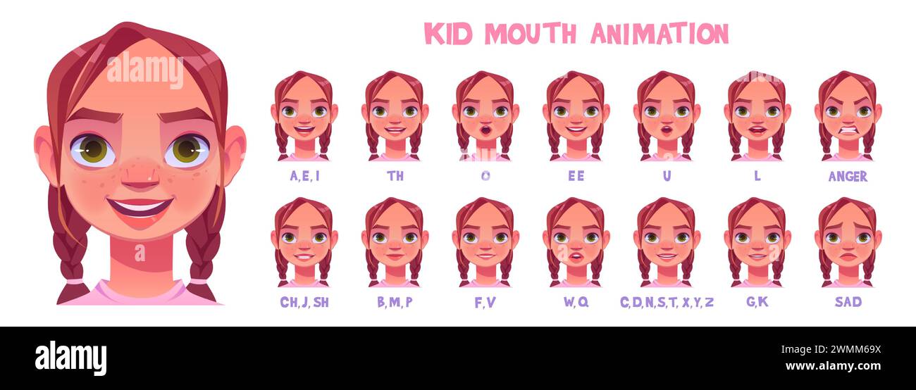 Kid girl kit for talk and emotion animation creation. Cartoon vector ...