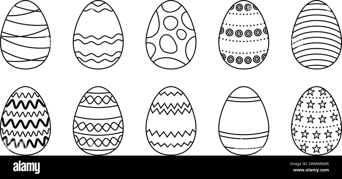 Black and white Easter eggs collection. Spring linear egg icon set with ...