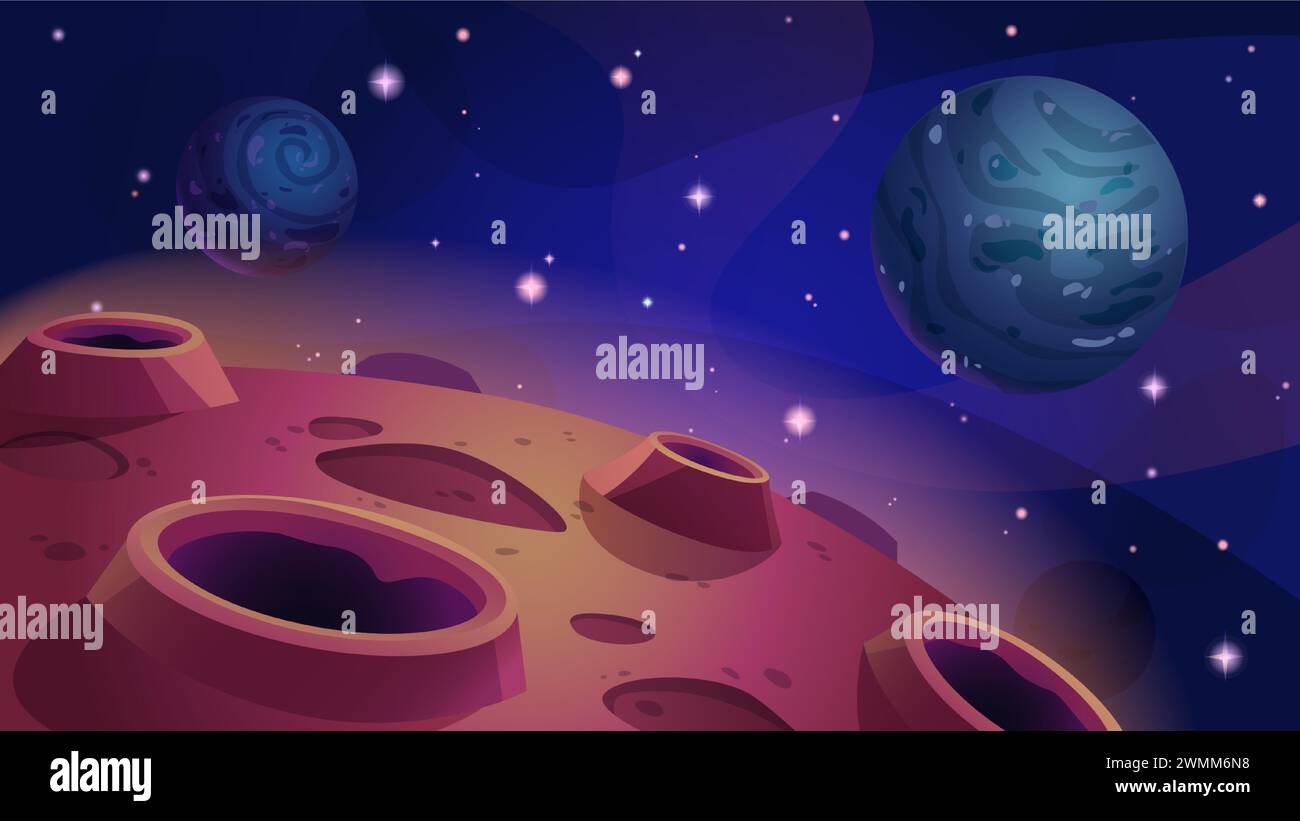Alien planet surface with craters on background of dark blue cosmos sky ...