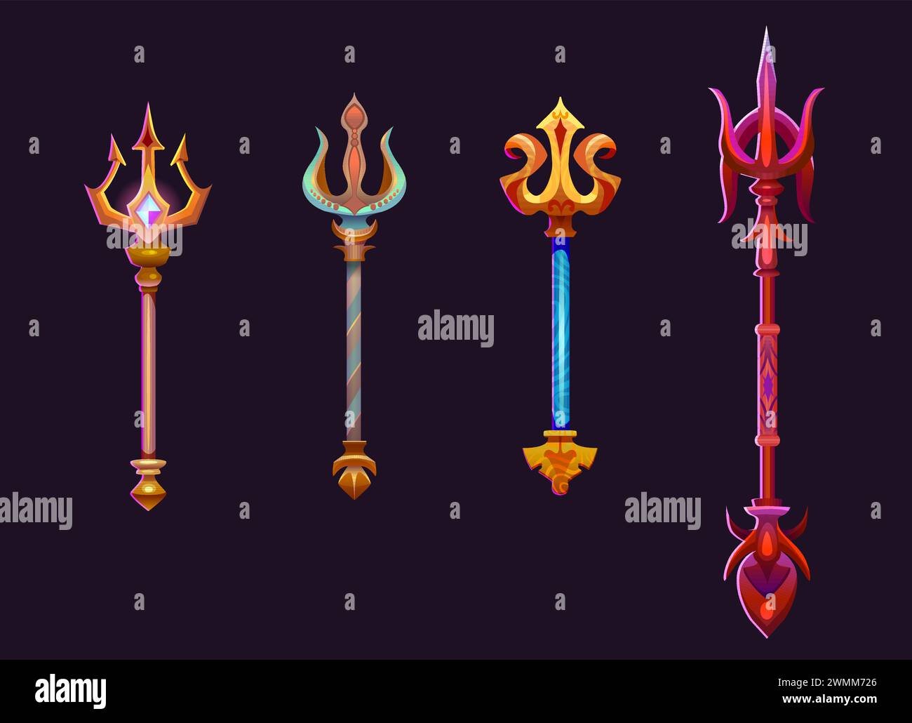 Magic tridents set isolated on black background. Vector cartoon ...