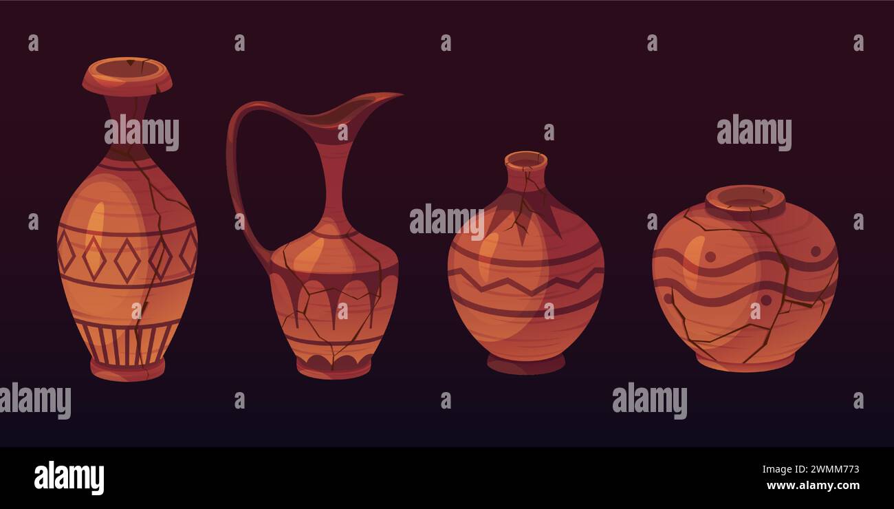 Ancient vases set isolated on black background. Vector cartoon ...