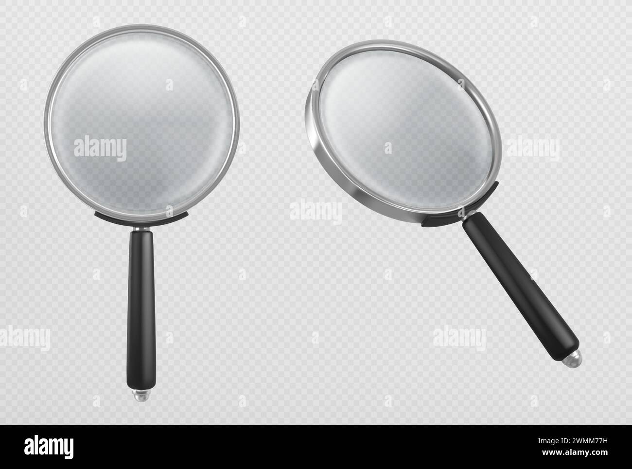 Magnify glass in different view angles. Realistic vector set of metal ...