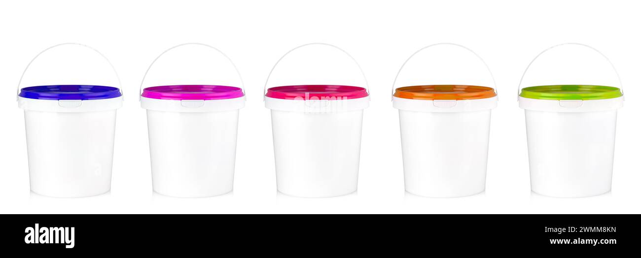The Set of White plastic buckets with colored lid isolated on a white ...