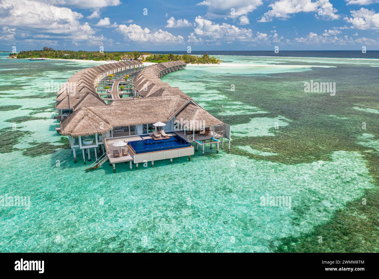 Picturesque aerial landscape luxury tropical island resort with water ...